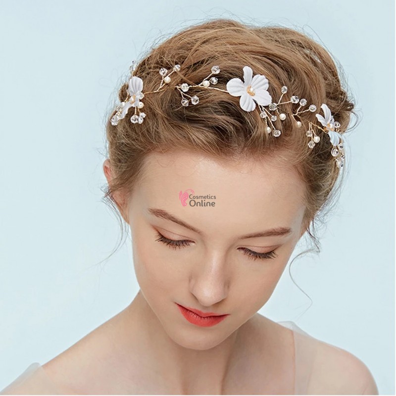 Tiara Ti029JJ Auriu pentru mirese cu cristale si perle + 2 agrafe