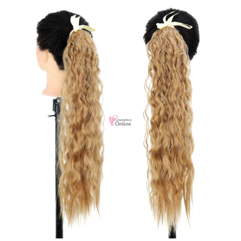 Extensie de par coada ondulata cu snur si clema 85 cm 0022F103 Blond Auriu